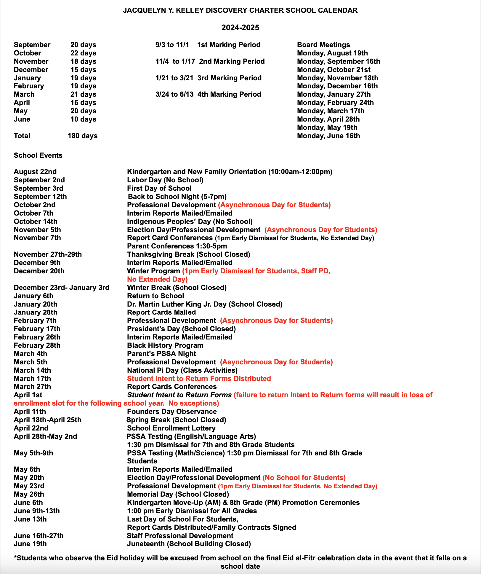 School Calendar – JYK Discovery Charter School